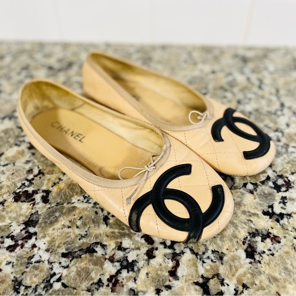 CHANEL | Shoes | Chanel Cambon Tan Cc Logo Ballet Flats Sz 4 9 Authentic | Poshmark